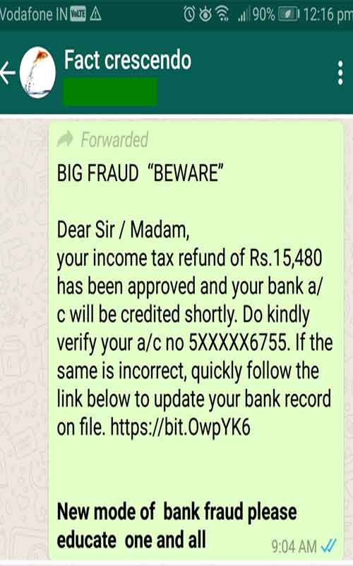 FACT CHECK: FAKE SMS MESSAGE ON INCOME TAX REFUND - Fact Crescendo ...